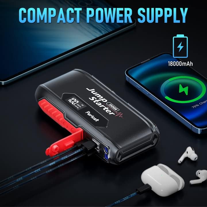 1500A Peak 18000mAh Portable Jump Starter Pack(Up to 7.0L Gas and 5.5L Diesel Engine), 12V Auto Booster Battery Charger Lithium Car Jump Starter Box with LED Screen & Light