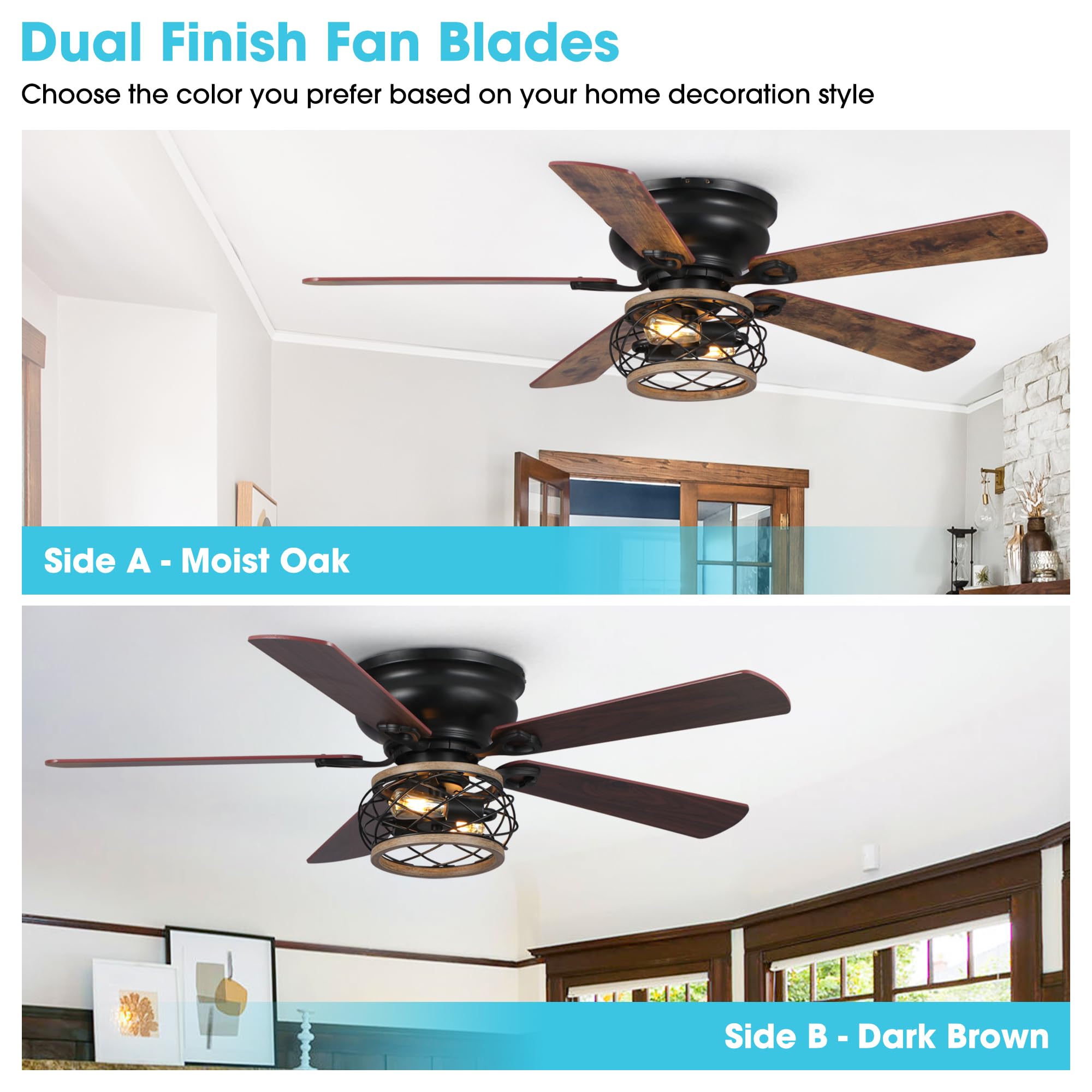Parrot Uncle Low Profile Ceiling Fans with Lights and Remote, 48 Inch Black Ceiling Fan with Light Flush Mount Farmhouse Rustic Hugger Fan for Bedroom, Reverse Airflow, Timer, FREE Replacement