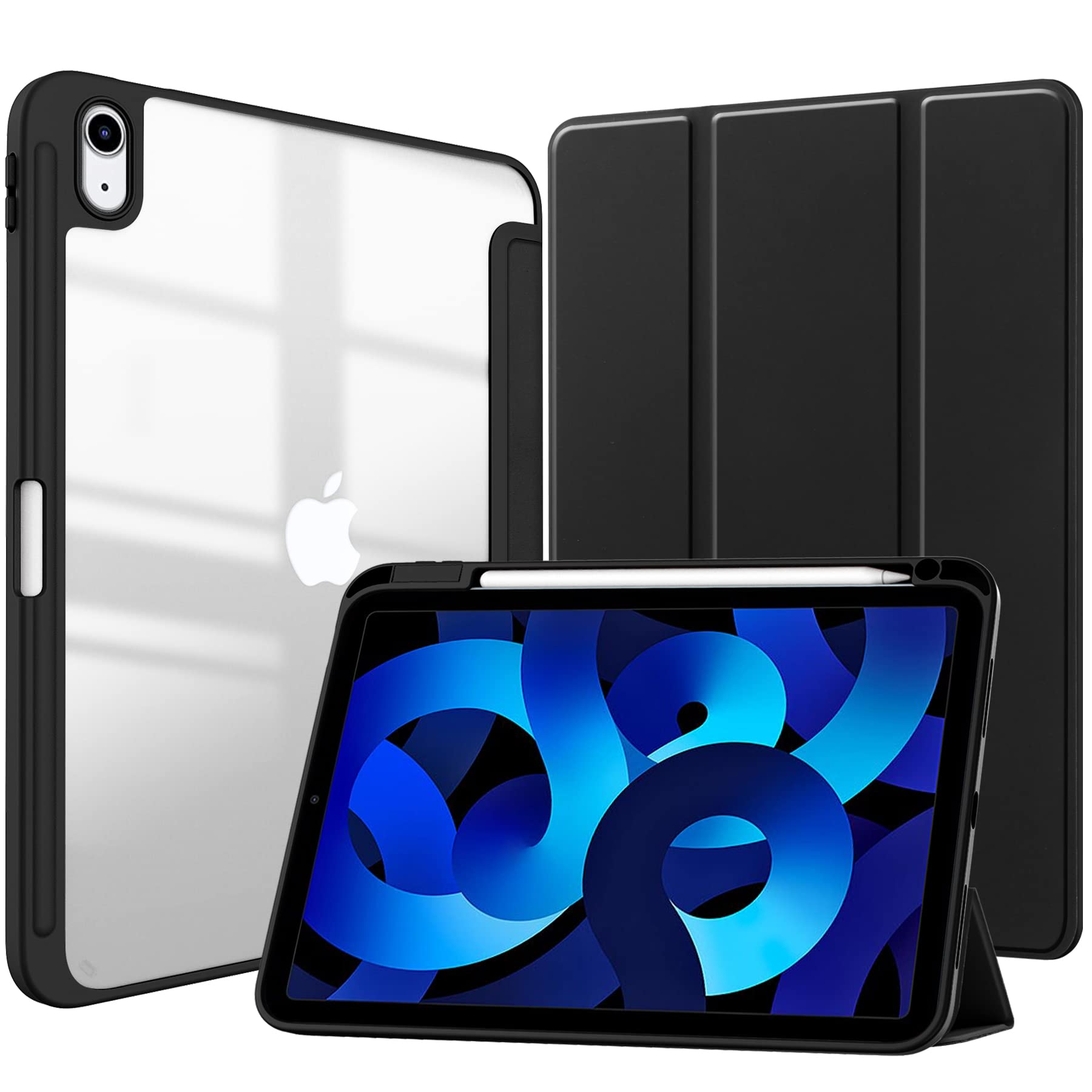 iCatchy for iPad 10th Generation Case (10.9 Inch 2022) Ultra Slim Hard Back Clear Cover With Tri-fold Stand (Black)