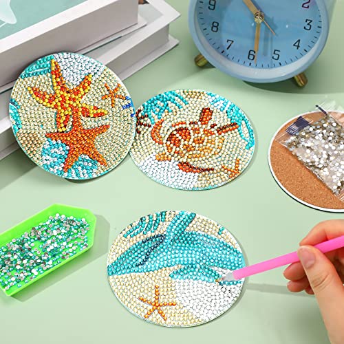 UPINS 8Pcs Diamond Painting Coasters for Drinks DIY Coaster Diamond Art Kits for Adults Kids Beginners Diamond Art Craft Supplies (Ocean)