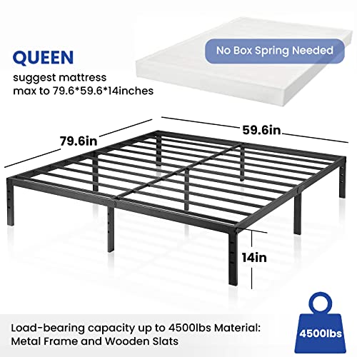 HiBed Queen Bed Frame, 14β Height Noise Free Metal Platform, Lightweight Heavy Duty Steel Support Up to 4500 lbs, Box Spring Free Design, Steel Slat Supports, Easy Assembly Tool-Free,Black