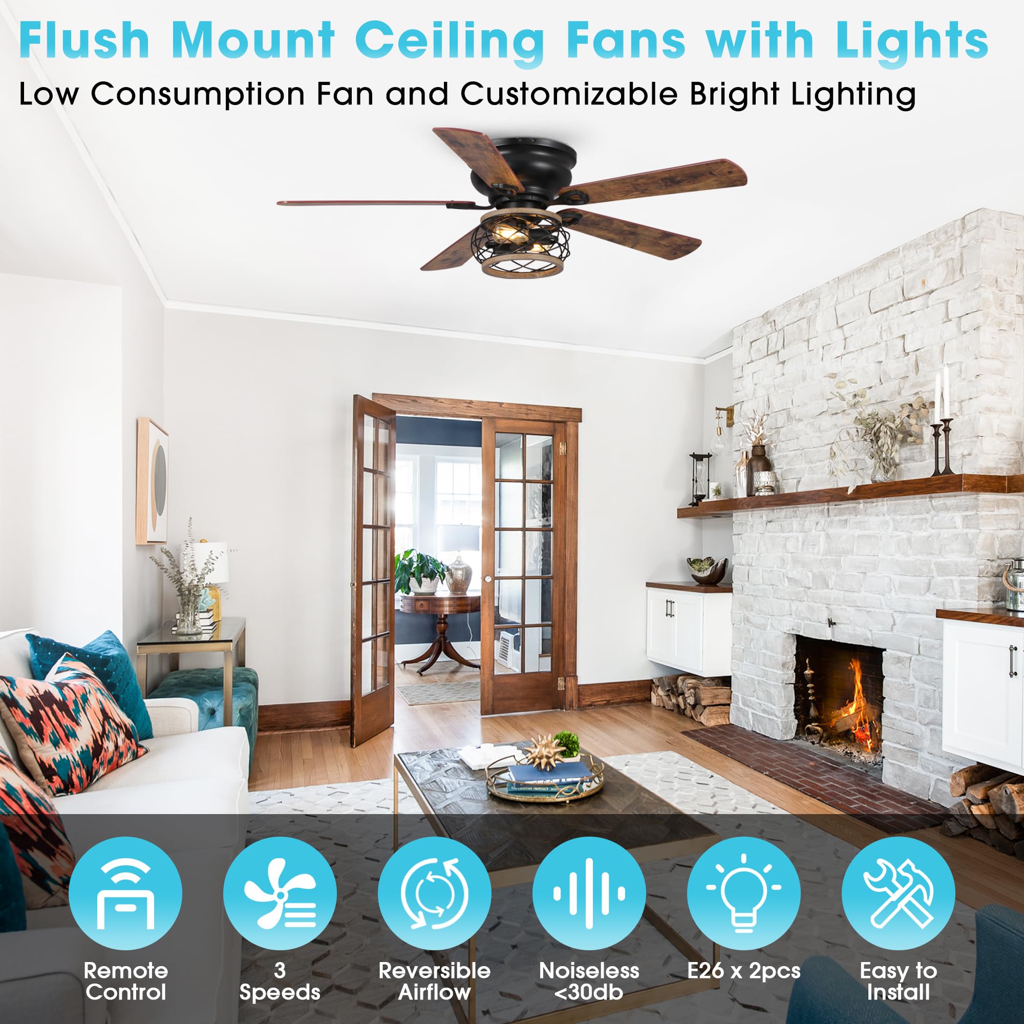 Parrot Uncle Low Profile Ceiling Fans with Lights and Remote, 48 Inch Black Ceiling Fan with Light Flush Mount Farmhouse Rustic Hugger Fan for Bedroom, Reverse Airflow, Timer, FREE Replacement
