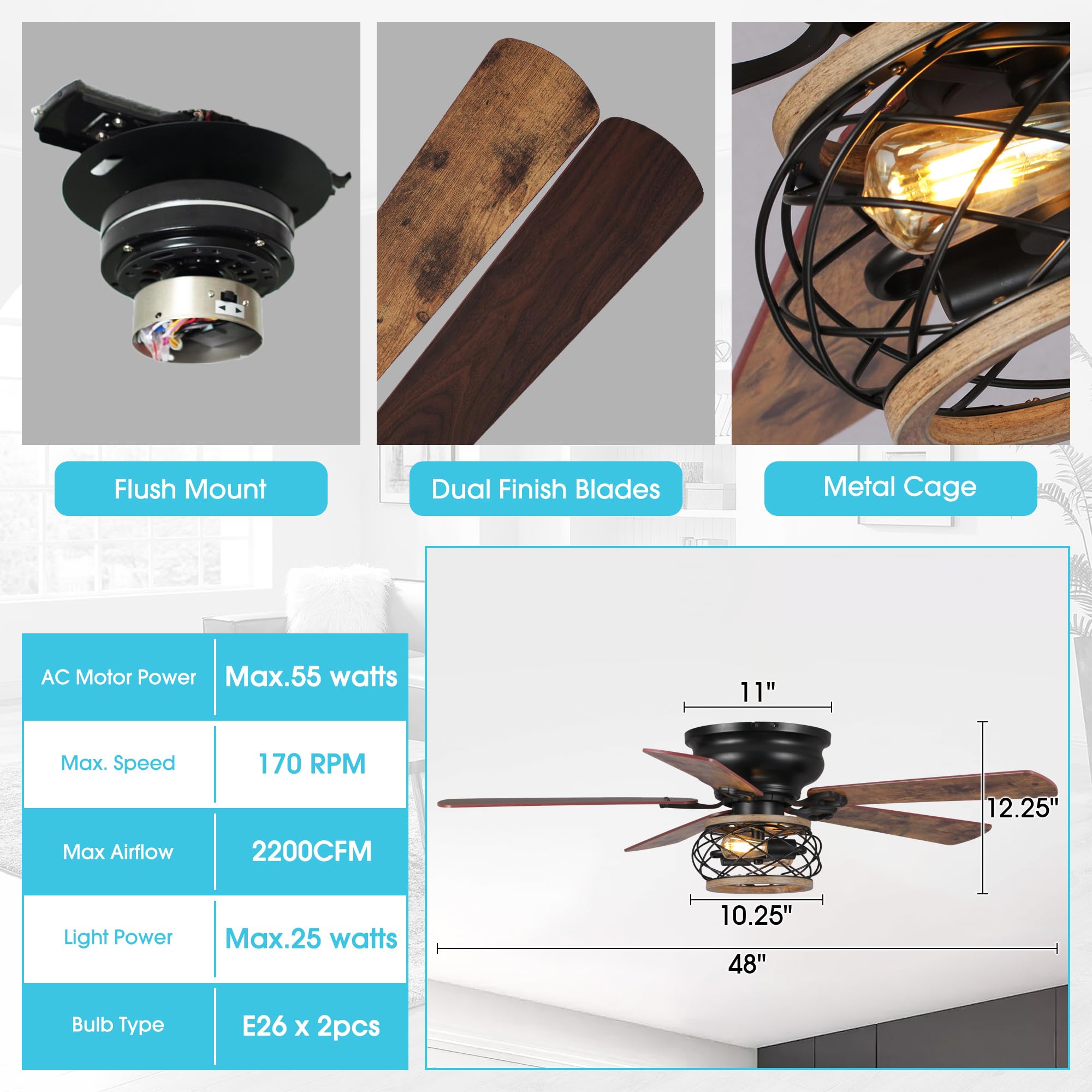 Parrot Uncle Low Profile Ceiling Fans with Lights and Remote, 48 Inch Black Ceiling Fan with Light Flush Mount Farmhouse Rustic Hugger Fan for Bedroom, Reverse Airflow, Timer, FREE Replacement