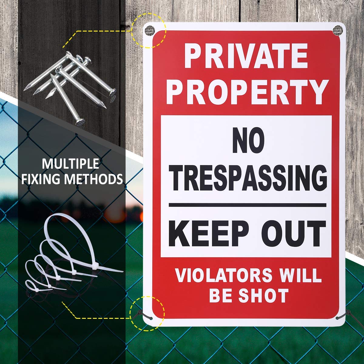 HANTAJANSS Retro Vintage Security Sign - 2 Pack No Trespassing Metal Yard Guard with Pre-Drilled Holes - Durable 12x12-Inch Sign for Home, Farm & Man Cave