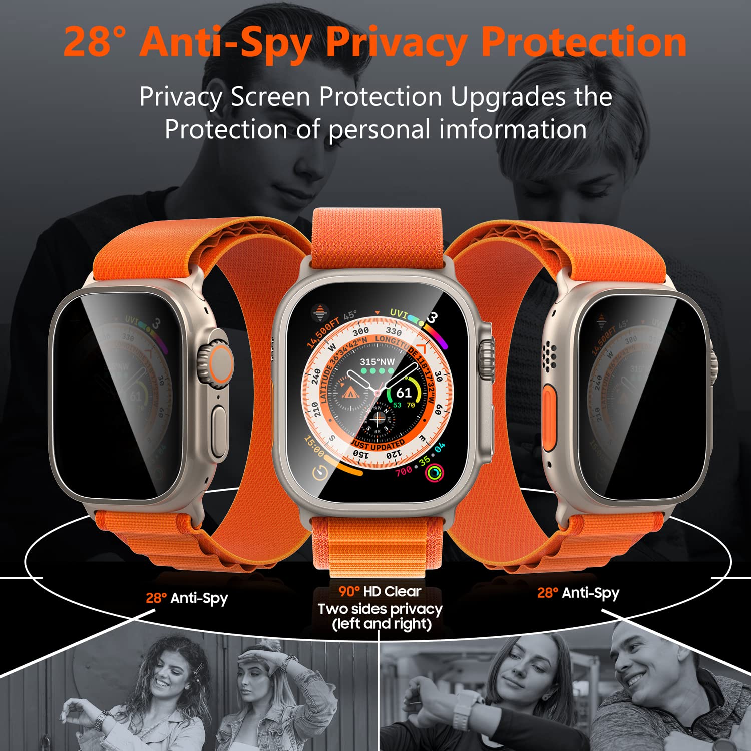 UniqueMe Privacy Screen Protector for Apple Watch Ultra 2 / Apple Watch Ultra 49mm - Tempered Glass Military-Grade Shockproof Case-Friendly Anti-Scratch Bubble-Free Cover for iWatch Ultra, 4 Pack
