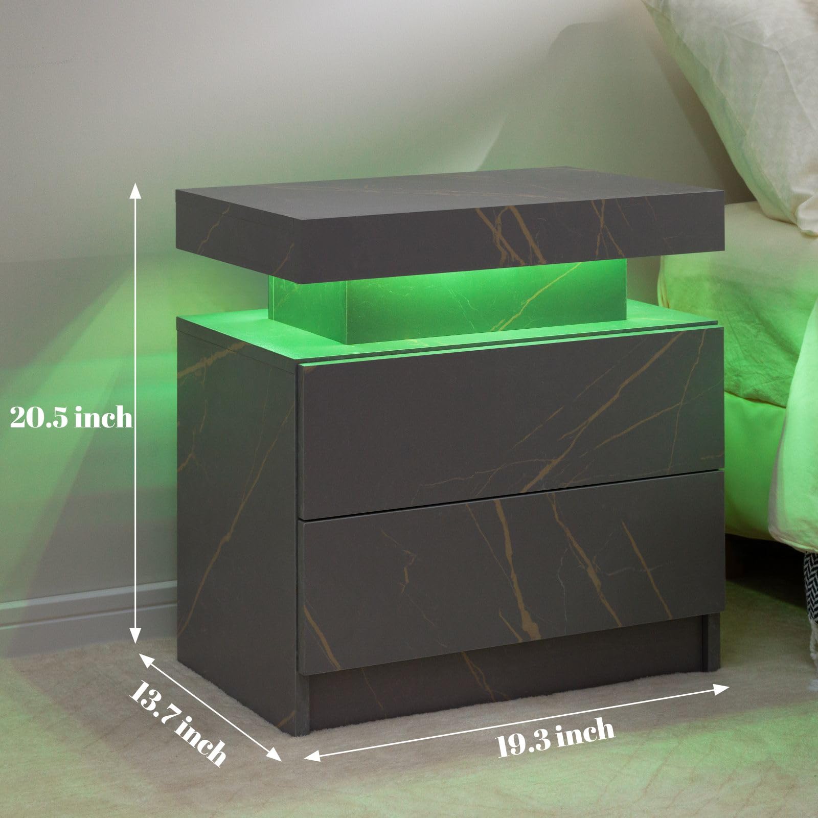 Cubehom LED Nightstands Set of 2, Modern End Table with 2 Drawers, End Tables for Living Room Bedroom Grey