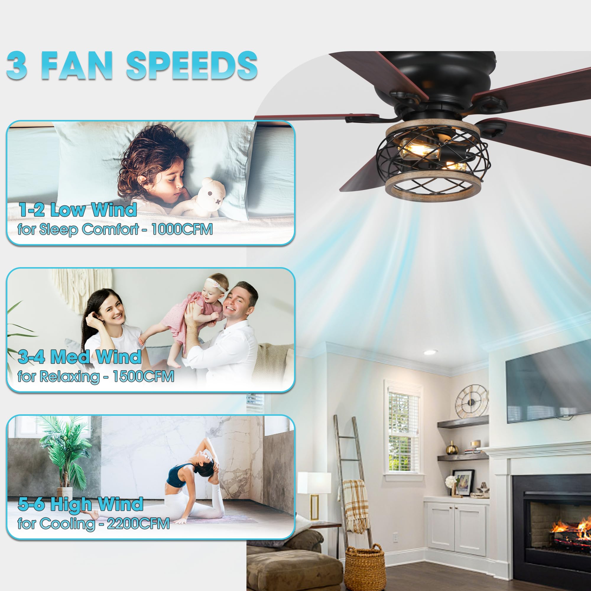 Parrot Uncle Low Profile Ceiling Fans with Lights and Remote, 48 Inch Black Ceiling Fan with Light Flush Mount Farmhouse Rustic Hugger Fan for Bedroom, Reverse Airflow, Timer, FREE Replacement