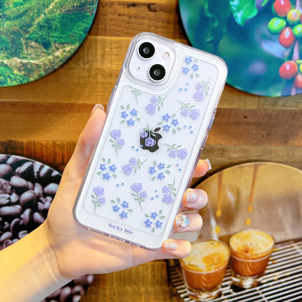 CEOKOK for iPhone 13/14 Case, Clear with Purple Rose Floral Pattern, Cute Aesthetic Protective Cover, Transparent Anti-Scratch & Shockproof Phone Case for Women Girls, Kawaii Design for iPhone 13/14