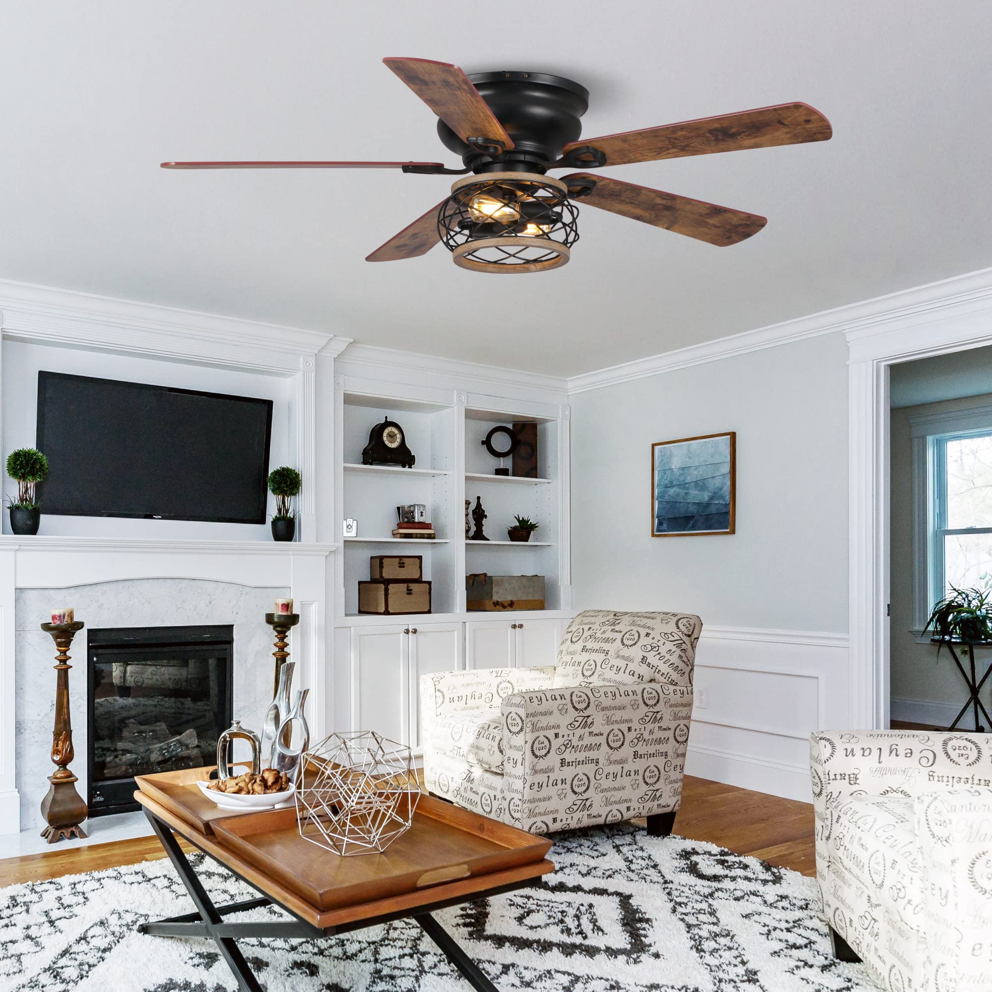 Parrot Uncle Low Profile Ceiling Fans with Lights and Remote, 48 Inch Black Ceiling Fan with Light Flush Mount Farmhouse Rustic Hugger Fan for Bedroom, Reverse Airflow, Timer, FREE Replacement