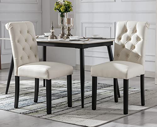 Kmax Leather Dining Chairs Button Tufted Diner Chairs Classic Upholstered Chairs with Wood Legs for Kitchen Dining Room Restaurant Set of 2, Cream