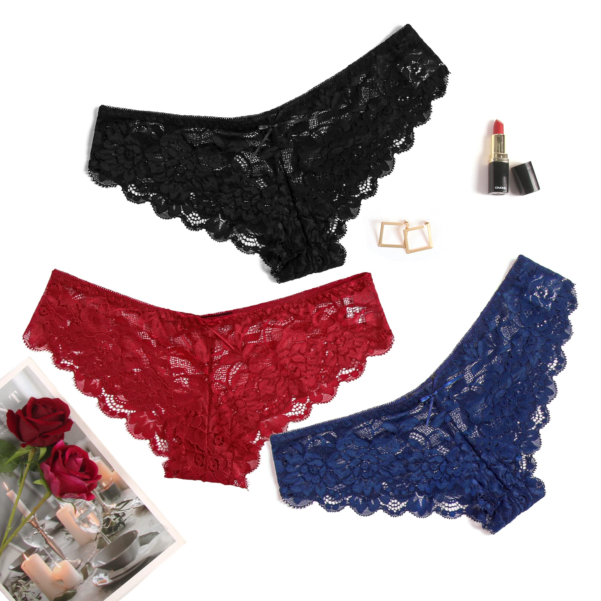 Avidlove Women Sexy Bikini Underwear 4 Pack Lace Tangas Low Waist Lace Panties Multicolor 3 L