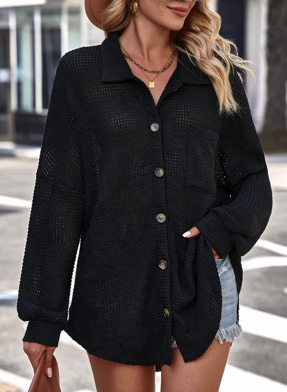 Dokotoo Black Button Up Tops for Women Long Sleeve Waffle Knit fall Jacket Loose Fit Boyfriends Pocket Outerwear winter coat Oversized Blouses fall outfits Small