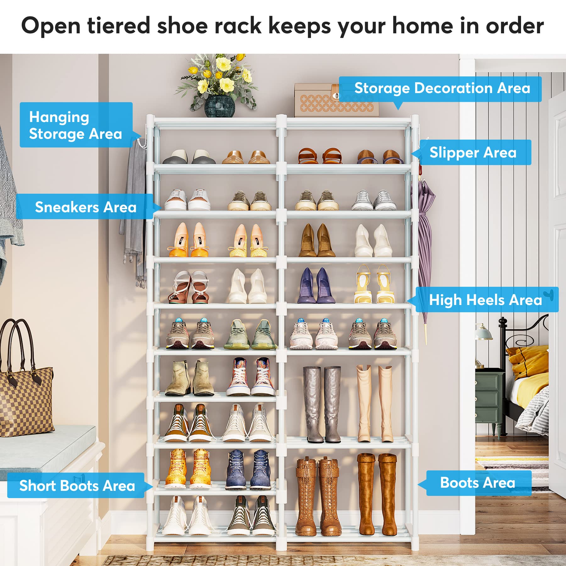Tribesigns Shoe Rack, 10 Tiers Shoe Stand - Stores 36-44 Pairs, Closet Organizer with Boot Rack and 2 Hooks