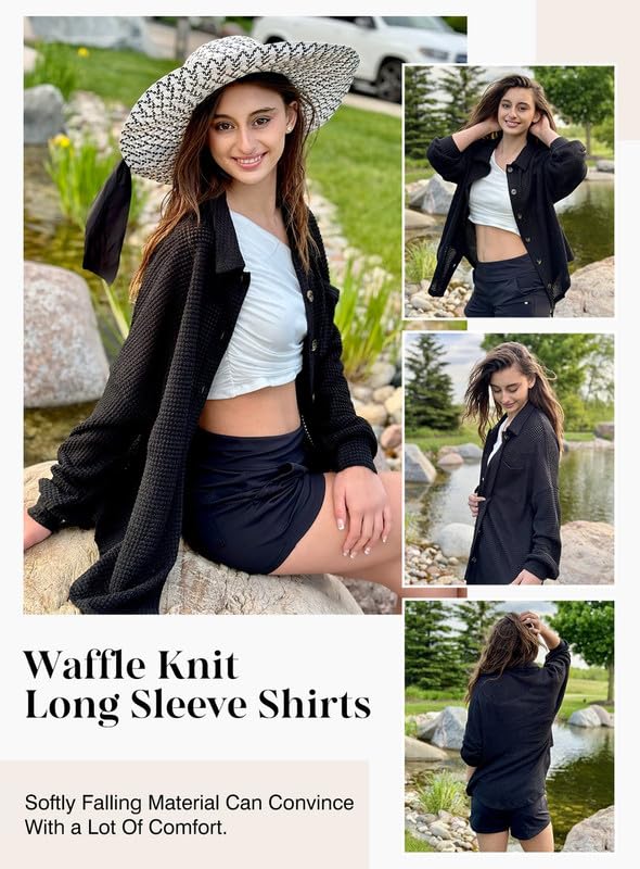 Dokotoo Black Button Up Tops for Women Long Sleeve Waffle Knit fall Jacket Loose Fit Boyfriends Pocket Outerwear winter coat Oversized Blouses fall outfits Small