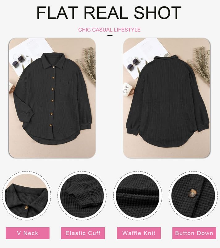 Dokotoo Black Button Up Tops for Women Long Sleeve Waffle Knit fall Jacket Loose Fit Boyfriends Pocket Outerwear winter coat Oversized Blouses fall outfits Small