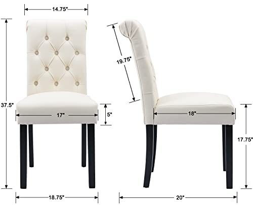 Kmax Leather Dining Chairs Button Tufted Diner Chairs Classic Upholstered Chairs with Wood Legs for Kitchen Dining Room Restaurant Set of 2, Cream