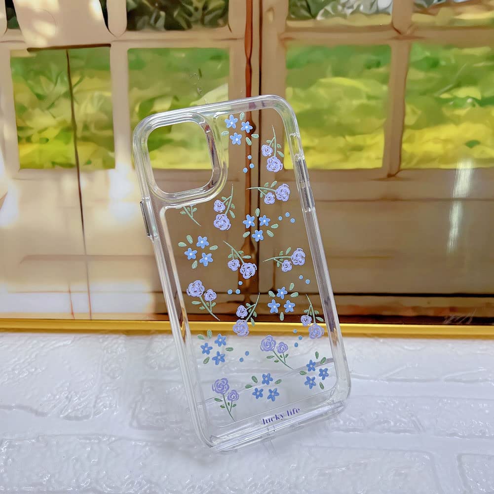 CEOKOK for iPhone 13/14 Case, Clear with Purple Rose Floral Pattern, Cute Aesthetic Protective Cover, Transparent Anti-Scratch & Shockproof Phone Case for Women Girls, Kawaii Design for iPhone 13/14