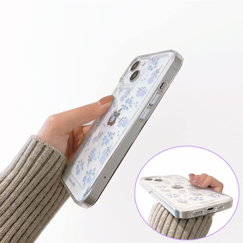 CEOKOK for iPhone 13/14 Case, Clear with Purple Rose Floral Pattern, Cute Aesthetic Protective Cover, Transparent Anti-Scratch & Shockproof Phone Case for Women Girls, Kawaii Design for iPhone 13/14