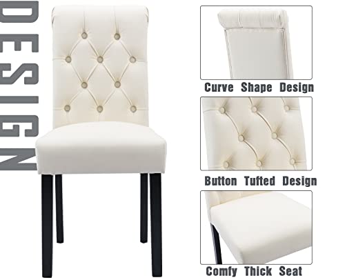 Kmax Leather Dining Chairs Button Tufted Diner Chairs Classic Upholstered Chairs with Wood Legs for Kitchen Dining Room Restaurant Set of 2, Cream