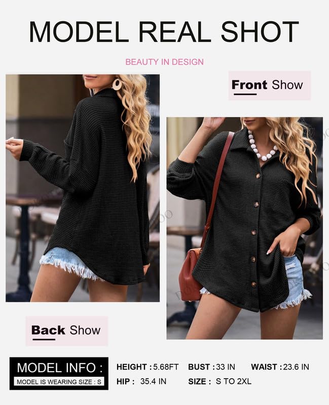Dokotoo Black Button Up Tops for Women Long Sleeve Waffle Knit fall Jacket Loose Fit Boyfriends Pocket Outerwear winter coat Oversized Blouses fall outfits Small