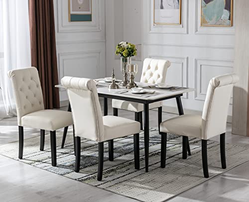 Kmax Leather Dining Chairs Button Tufted Diner Chairs Classic Upholstered Chairs with Wood Legs for Kitchen Dining Room Restaurant Set of 2, Cream