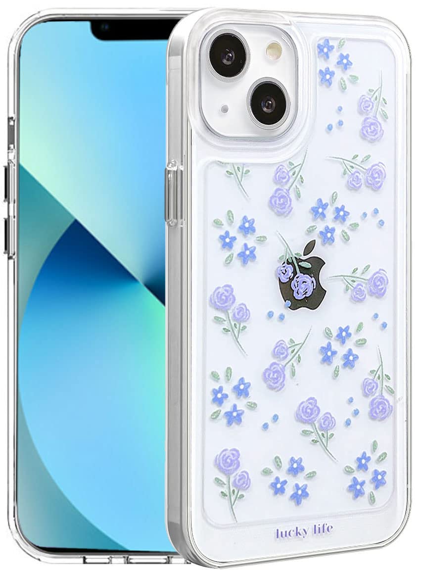 CEOKOK for iPhone 13/14 Case, Clear with Purple Rose Floral Pattern, Cute Aesthetic Protective Cover, Transparent Anti-Scratch & Shockproof Phone Case for Women Girls, Kawaii Design for iPhone 13/14
