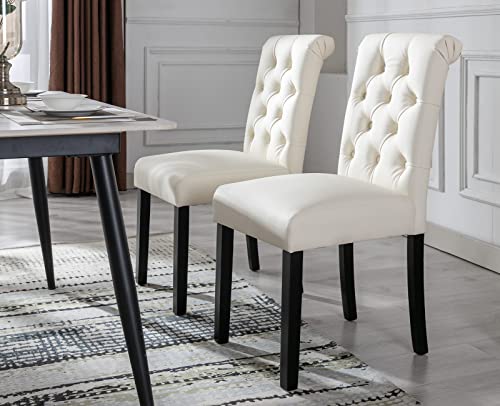 Kmax Leather Dining Chairs Button Tufted Diner Chairs Classic Upholstered Chairs with Wood Legs for Kitchen Dining Room Restaurant Set of 2, Cream