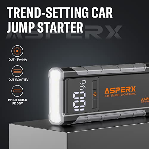 ASPERX AX4500 Jump Starter, 4500A Peak Car Jump Starter for Up to All Gas and 10.0L Diesel Engines, 12V Battery Starter with 4 Inch LCD Display, Lithium Battery Booster with Built-in LED Light