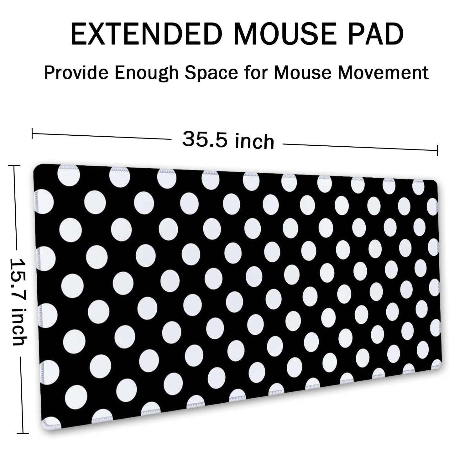 SSOIU Extended Gaming Mouse Pad (35.5x15.7 in), Large Stable Rubber Base Mousepad with Stitched Edges, Keyboard Mouse Mat Desk Pad for Work, Game, Office, Home - Black and White Polka Dot