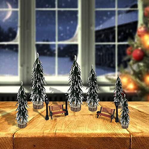 13 Pieces Mini Artificial Christmas Tree Set with Christmas Village Houses 4 Pieces Xmas Street Lamp Post and 2 Pieces Miniature Park Bench Seat for Christmas Table Top Decor