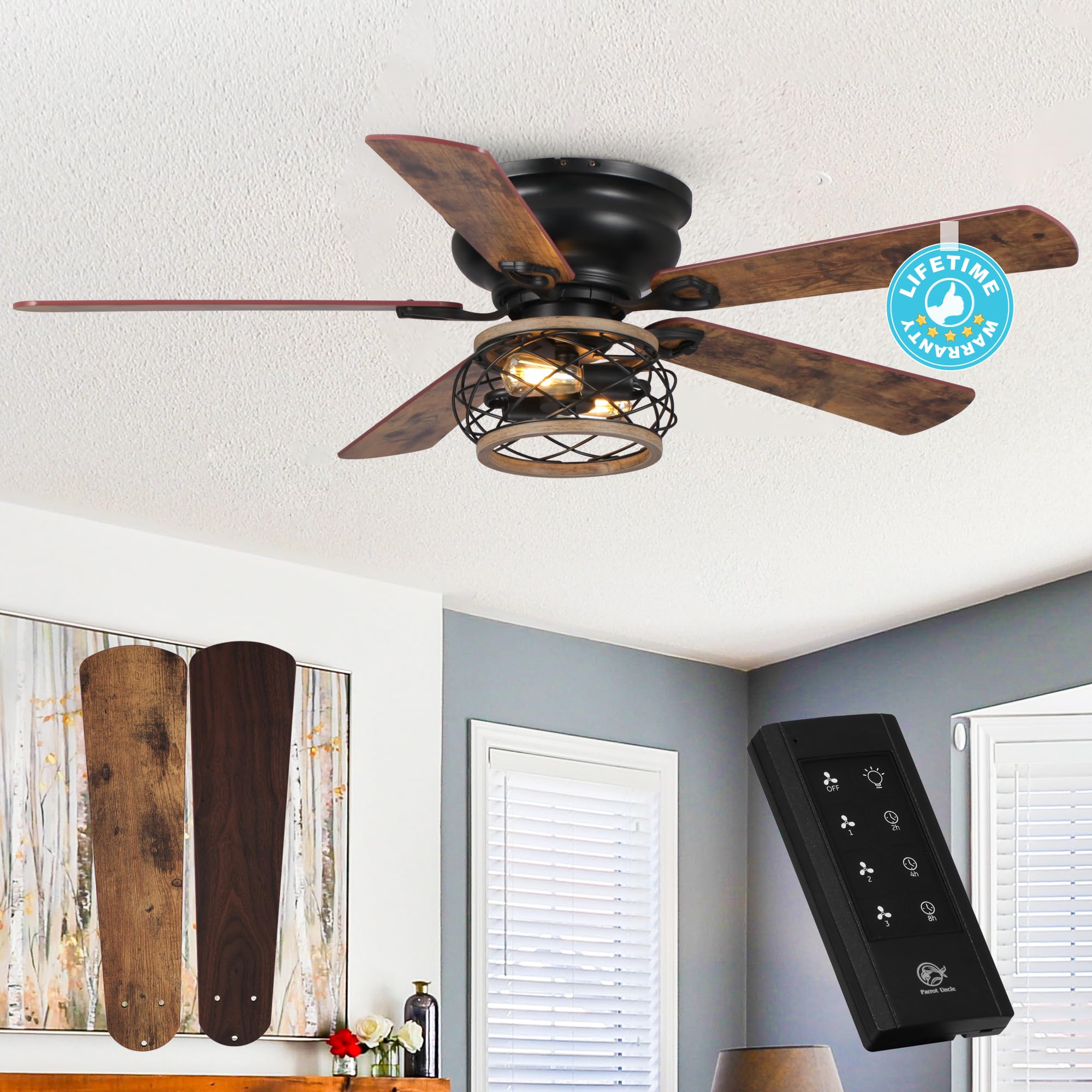 Parrot Uncle Low Profile Ceiling Fans with Lights and Remote, 48 Inch Black Ceiling Fan with Light Flush Mount Farmhouse Rustic Hugger Fan for Bedroom, Reverse Airflow, Timer, FREE Replacement