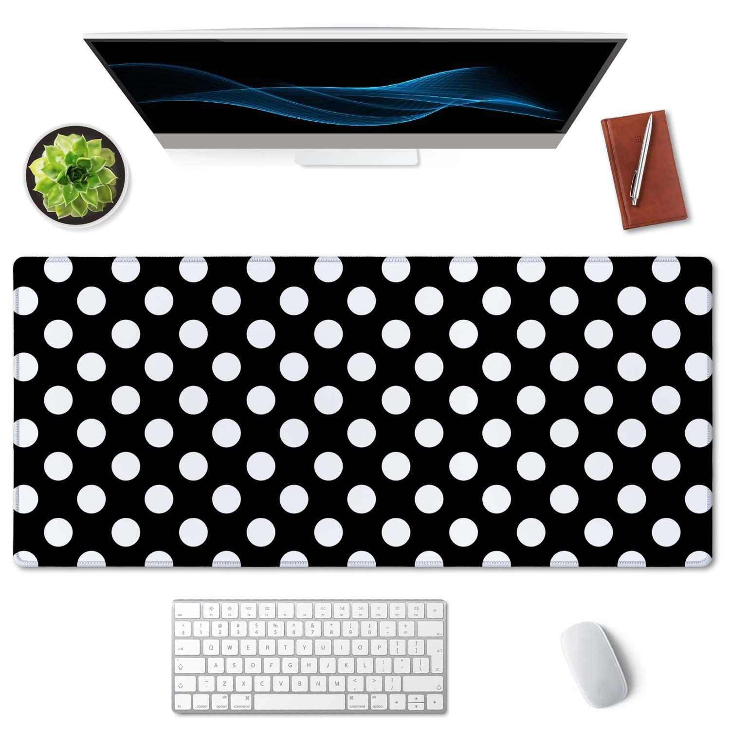 SSOIU Extended Gaming Mouse Pad (35.5x15.7 in), Large Stable Rubber Base Mousepad with Stitched Edges, Keyboard Mouse Mat Desk Pad for Work, Game, Office, Home - Black and White Polka Dot