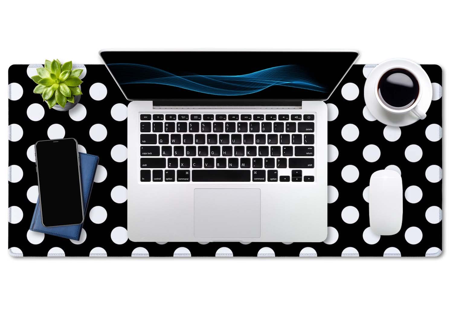 SSOIU Extended Gaming Mouse Pad (35.5x15.7 in), Large Stable Rubber Base Mousepad with Stitched Edges, Keyboard Mouse Mat Desk Pad for Work, Game, Office, Home - Black and White Polka Dot