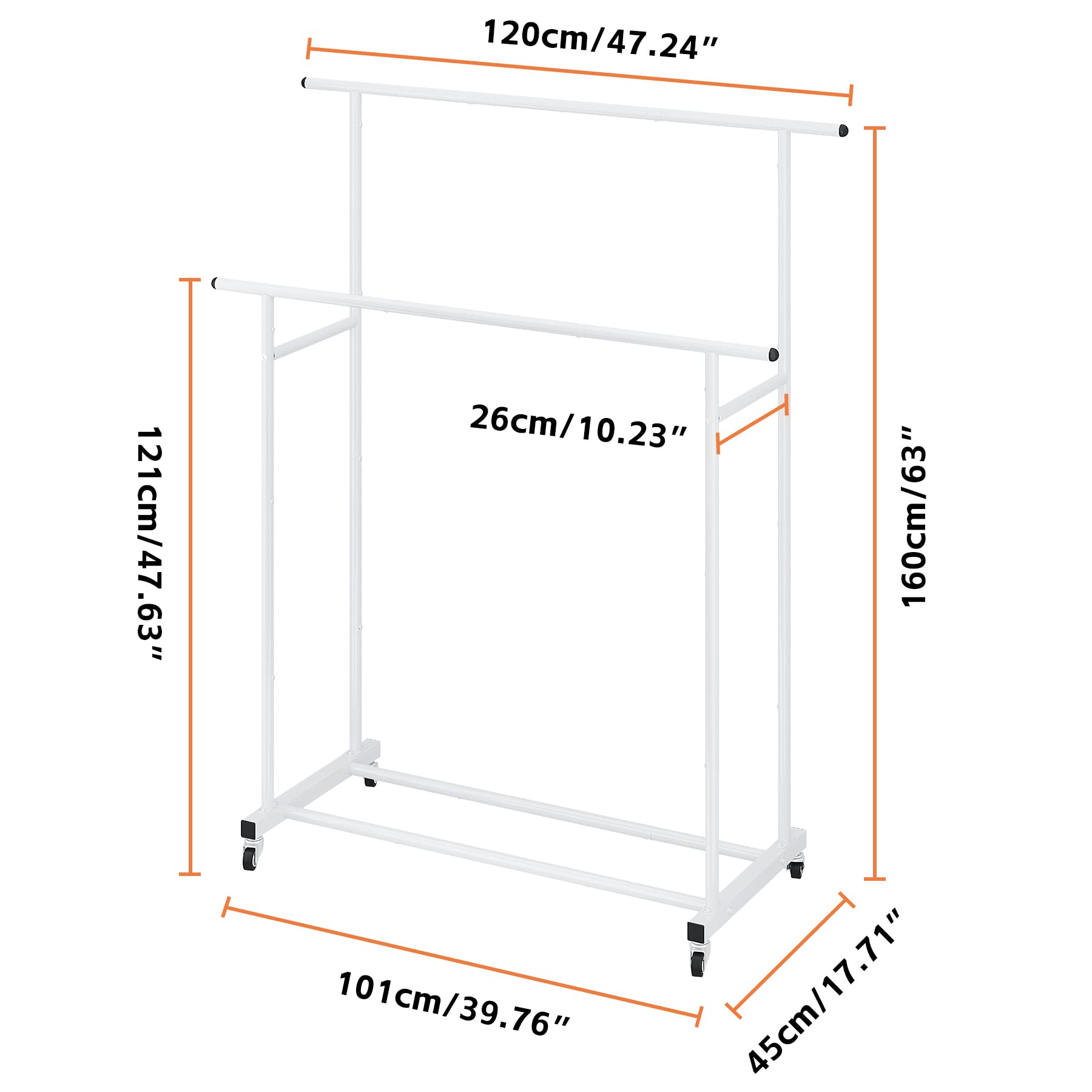 Calmootey Double Rod Clothing Garment Rack,Rolling Hanging Clothes Rack,Portable Clothes Organizer for Bedroom,Living Room,Clothing Store,White