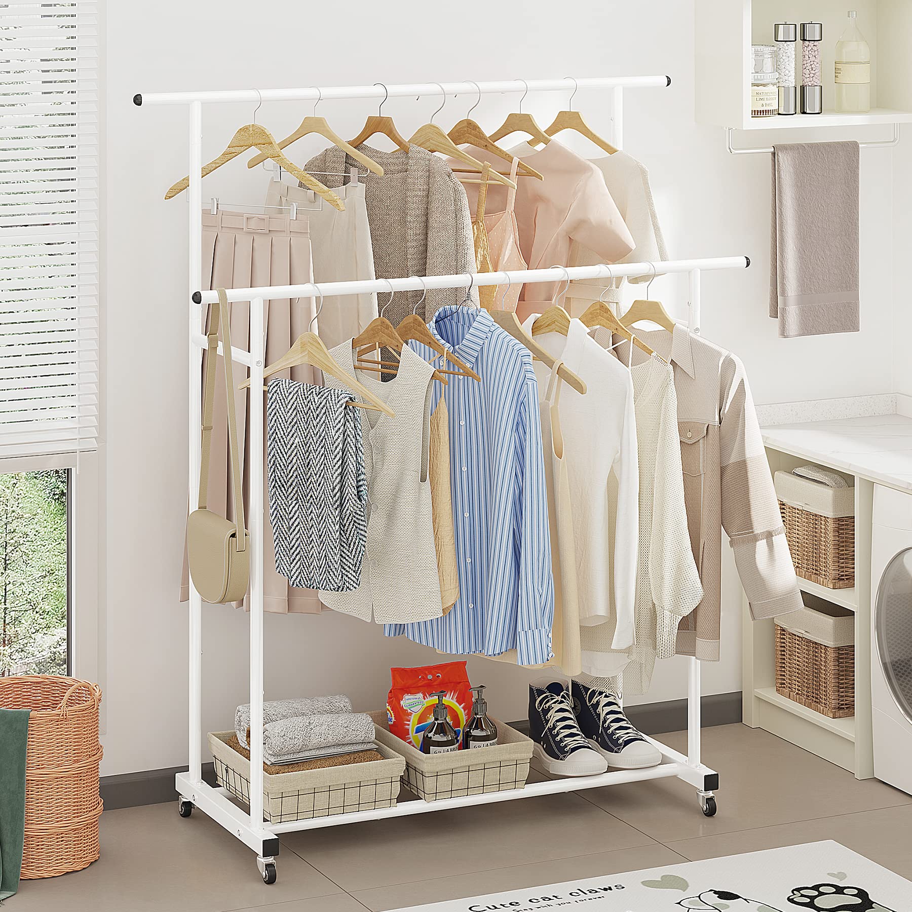 Calmootey Double Rod Clothing Garment Rack,Rolling Hanging Clothes Rack,Portable Clothes Organizer for Bedroom,Living Room,Clothing Store,White