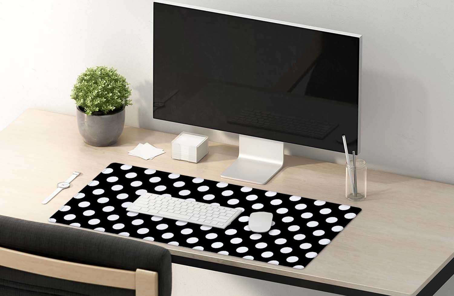 SSOIU Extended Gaming Mouse Pad (35.5x15.7 in), Large Stable Rubber Base Mousepad with Stitched Edges, Keyboard Mouse Mat Desk Pad for Work, Game, Office, Home - Black and White Polka Dot