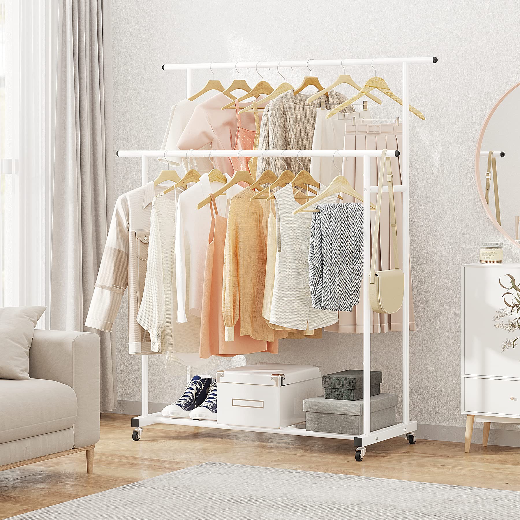 Calmootey Double Rod Clothing Garment Rack,Rolling Hanging Clothes Rack,Portable Clothes Organizer for Bedroom,Living Room,Clothing Store,White