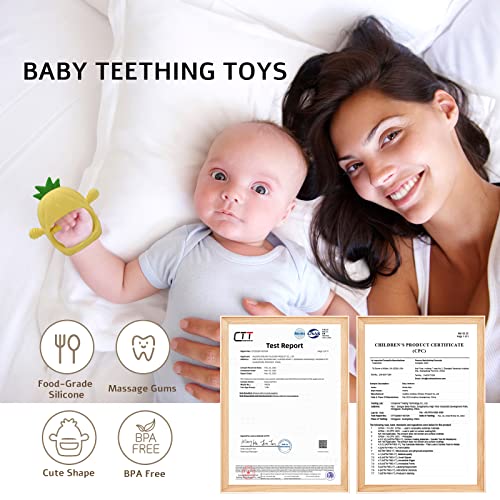 Pineapple Shape Baby Teething Toys, Never Drop Hand Wrist Teether, PAPACHOO Baby Chew Toys for Sucking Needs, Silicone Baby Mitten Teether for Soothing Teething Pain Relief, Easy to Grip (Yellow)