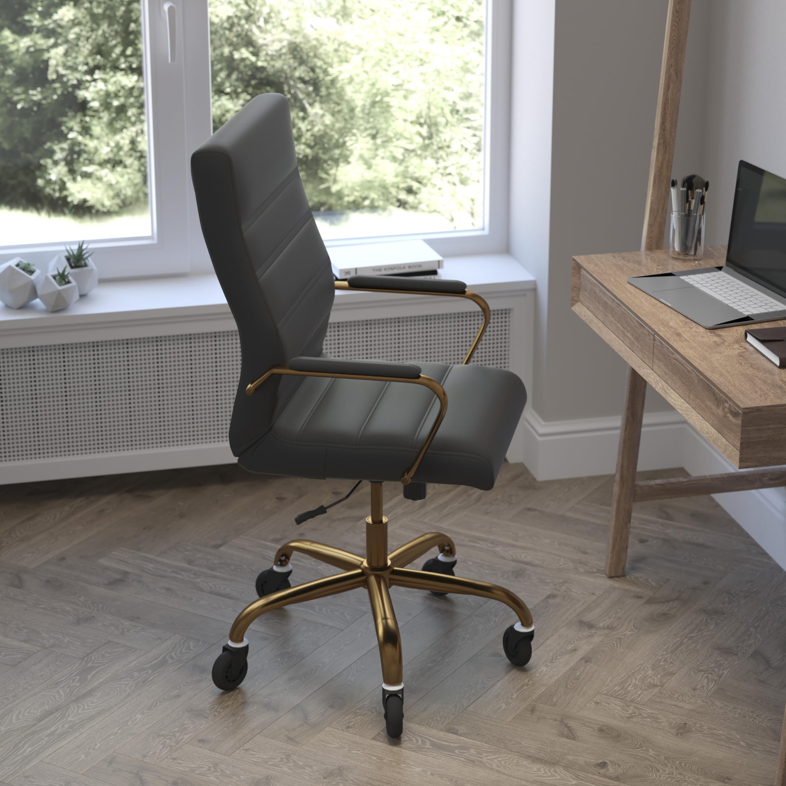 Flash Furniture Whitney High Back Black LeatherSoft Executive Swivel Office Chair with Gold Frame, Arms, and Transparent Roller Wheels