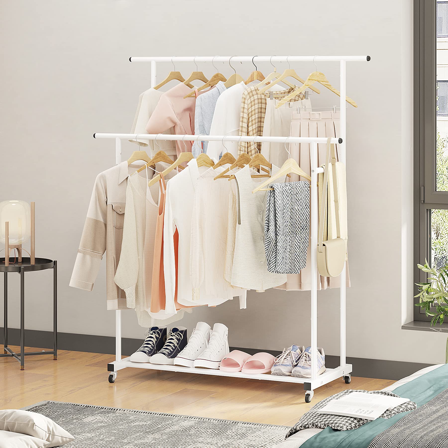 Calmootey Double Rod Clothing Garment Rack,Rolling Hanging Clothes Rack,Portable Clothes Organizer for Bedroom,Living Room,Clothing Store,White