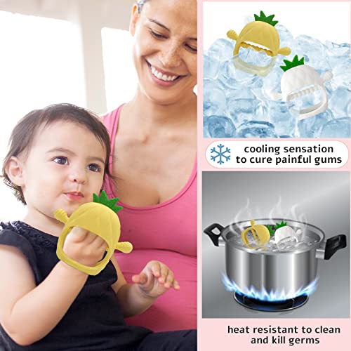 Pineapple Shape Baby Teething Toys, Never Drop Hand Wrist Teether, PAPACHOO Baby Chew Toys for Sucking Needs, Silicone Baby Mitten Teether for Soothing Teething Pain Relief, Easy to Grip (Yellow)