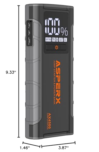 ASPERX AX4500 Jump Starter, 4500A Peak Car Jump Starter for Up to All Gas and 10.0L Diesel Engines, 12V Battery Starter with 4 Inch LCD Display, Lithium Battery Booster with Built-in LED Light