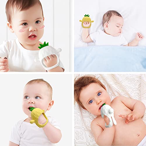 Pineapple Shape Baby Teething Toys, Never Drop Hand Wrist Teether, PAPACHOO Baby Chew Toys for Sucking Needs, Silicone Baby Mitten Teether for Soothing Teething Pain Relief, Easy to Grip (Yellow)