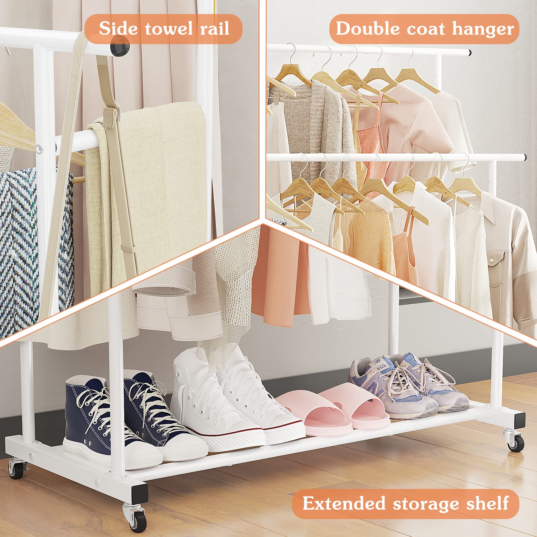 Calmootey Double Rod Clothing Garment Rack,Rolling Hanging Clothes Rack,Portable Clothes Organizer for Bedroom,Living Room,Clothing Store,White