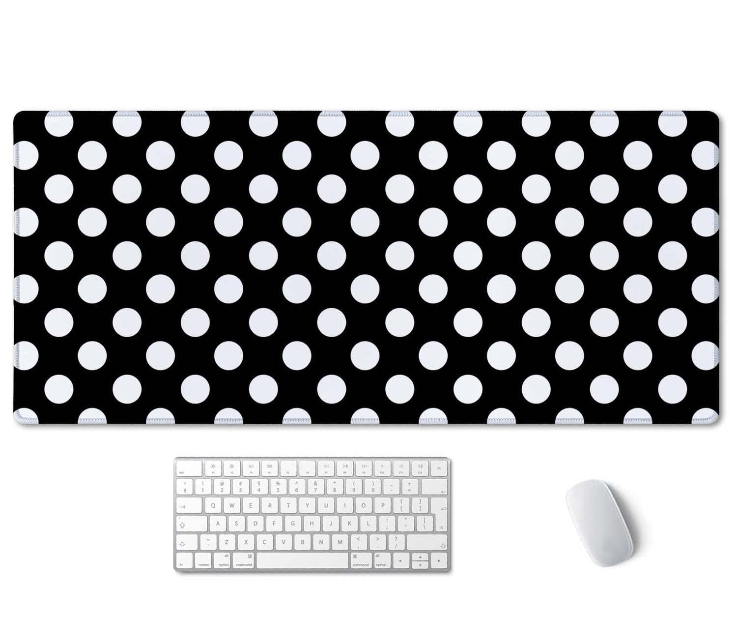 SSOIU Extended Gaming Mouse Pad (35.5x15.7 in), Large Stable Rubber Base Mousepad with Stitched Edges, Keyboard Mouse Mat Desk Pad for Work, Game, Office, Home - Black and White Polka Dot