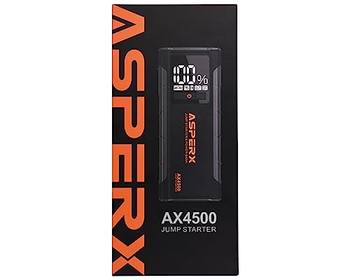 ASPERX AX4500 Jump Starter, 4500A Peak Car Jump Starter for Up to All Gas and 10.0L Diesel Engines, 12V Battery Starter with 4 Inch LCD Display, Lithium Battery Booster with Built-in LED Light