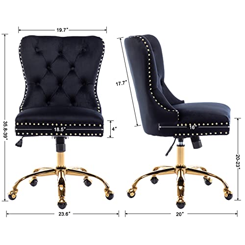 QUINJAY Velvet Home Office Desk Chair, Upholstered Adjustable Swivel Desk Chair with Gold Base, Tufted Study Desk Chair with Comfy High Back for Teens Study Makeup Black