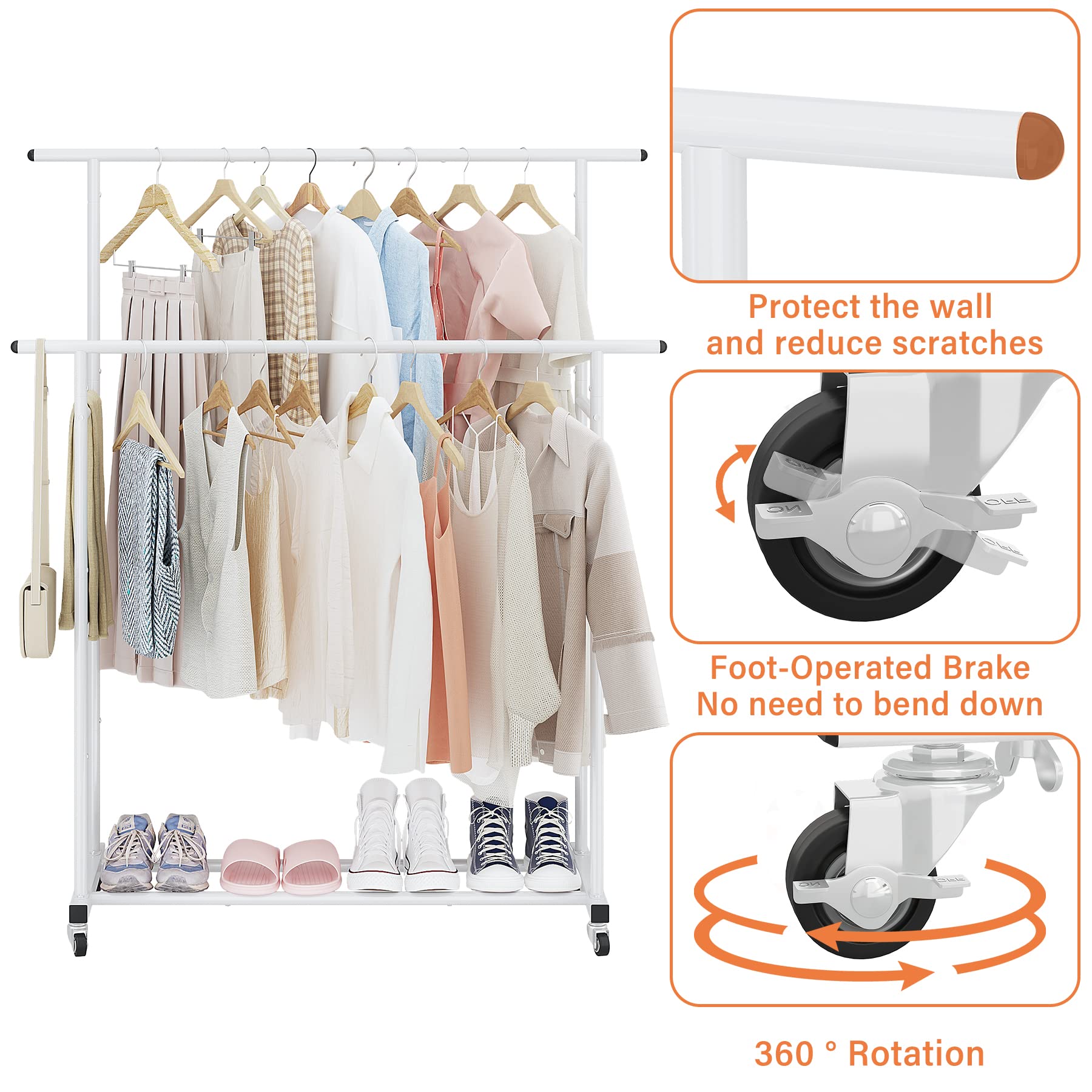 Calmootey Double Rod Clothing Garment Rack,Rolling Hanging Clothes Rack,Portable Clothes Organizer for Bedroom,Living Room,Clothing Store,White