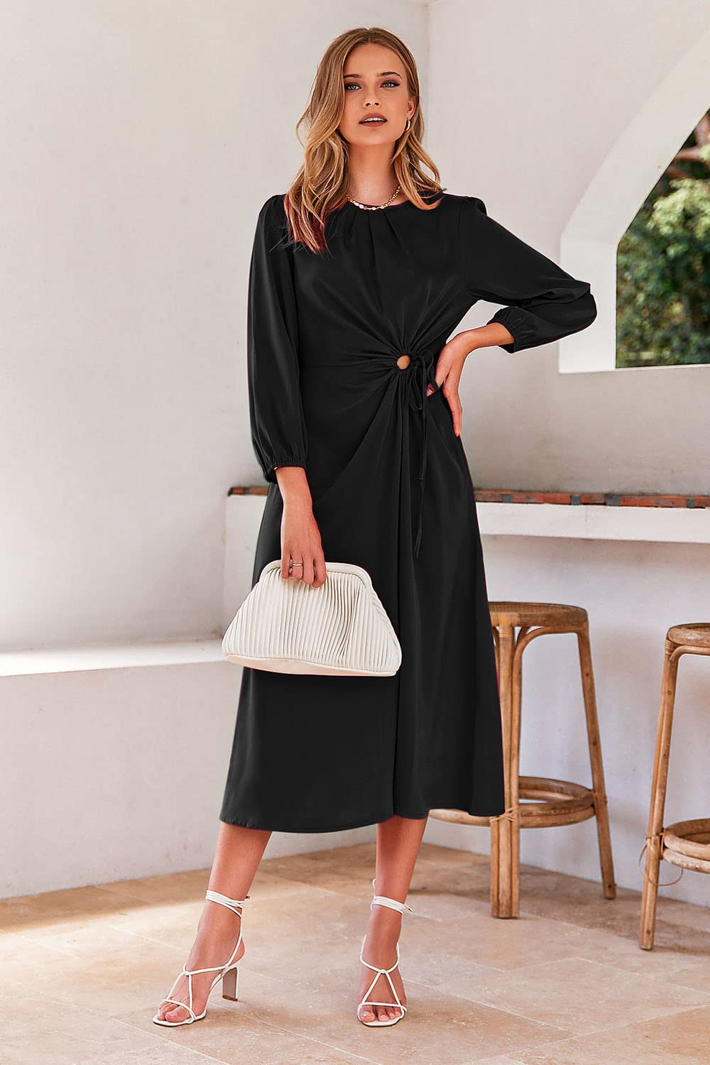 PRETTYGARDEN Women's 2024 Satin Maxi Dress Puff Long Sleeve Crewneck Cutout Casual A-line Long Flowy Dresses (Black,Large)