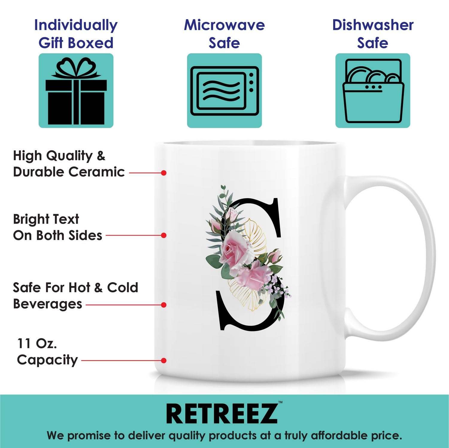 Retreez Initial A-Z Floral Botanical Bouquet Alphabet Monogrammed Monogram Mug 11 Oz Ceramic Tea Coffee Mugs - Appreciation Thank You Wedding Birthday Gifts for her friend coworker sister - S Initial